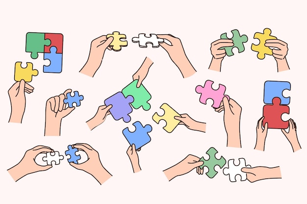 Diverse Puzzle Pieces: Hands Assembling Colorful Jigsaw Elements | Jiffy Designs