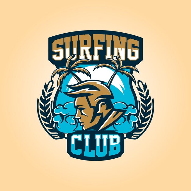 Vibrant Surfing Club Emblem with Palm Trees and Waves | Jiffy Designs