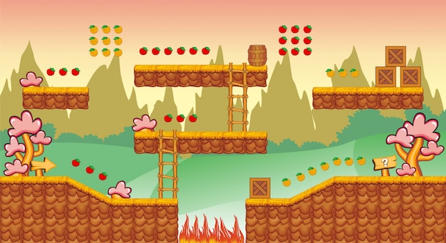 Vibrant Platformer Landscape with Ladders and Apples | Jiffy Designs