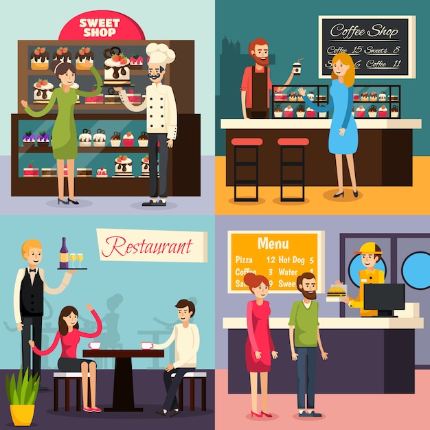 Vibrant Scenes of Diverse Dining and Retail Experiences | Jiffy Designs