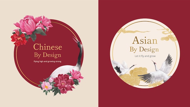 Elegant Asian-Inspired Floral Emblems with Crane Illustrations | Jiffy ...