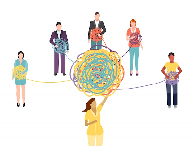 Diverse Group of People Gathered Around Colorful Tangled Threads ...