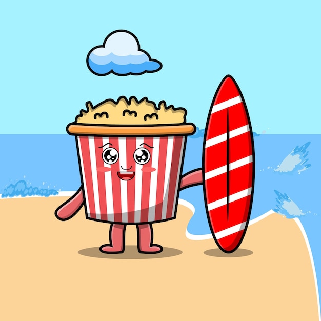Cheerful Popcorn Mascot Enjoys Beach Day with Surfboard | Jiffy Designs