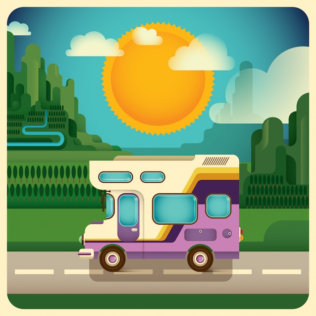 Vibrant Retro Camper Van Cruising Through Scenic Landscape | Jiffy Designs