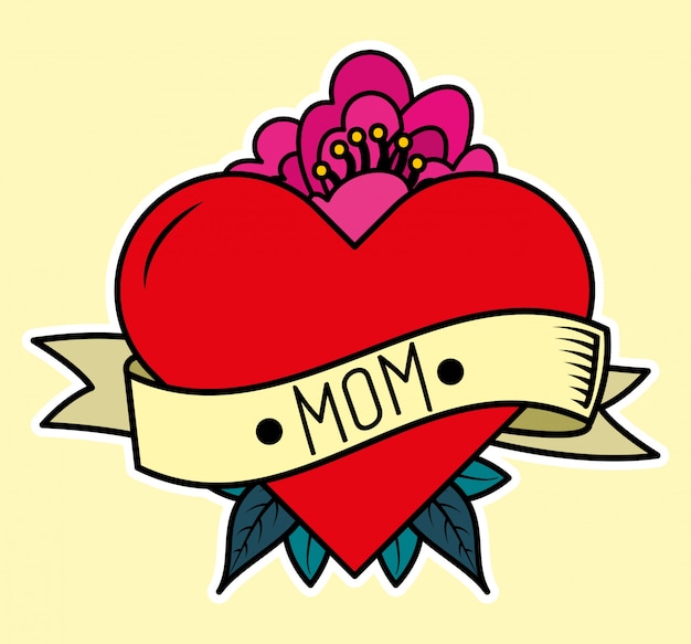 Vibrant Heart with 'Mom' Banner Tattoo Design | Jiffy Designs