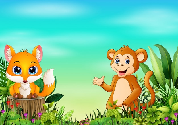 Cute Cartoon Fox and Monkey in Lush Forest Setting | Jiffy Designs