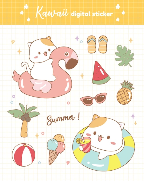 Kawaii Summer Digital Sticker Collection with Cute Characters and ...