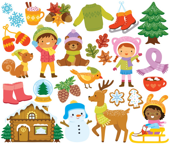 Winter Clipart Set With Kids Playing In The Snow, Cute Woodland Animals ...