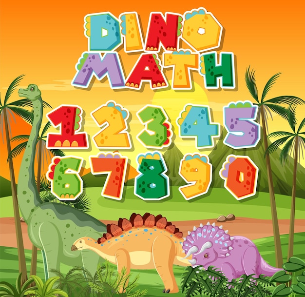Colorful Dino Math Numbers in Vibrant Prehistoric Landscape | Jiffy Designs