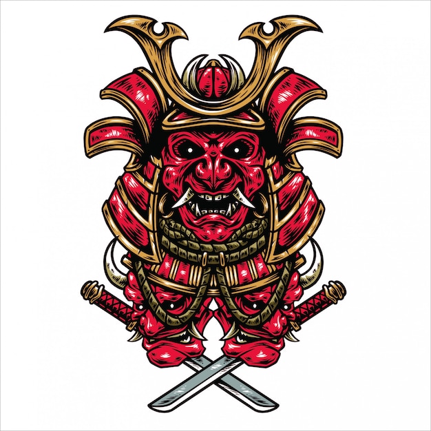 Fierce Samurai Mask with Clashing Swords in Bold Colors | Jiffy Designs