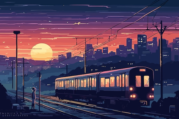 Vibrant Sunset Skyline and Commuter Train Landscape | Jiffy Designs