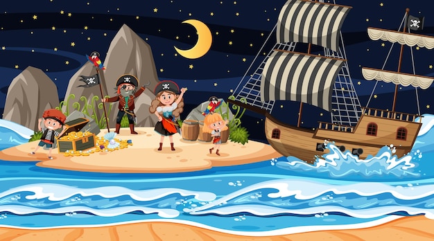 Whimsical Pirate Adventure on a Tropical Island Under the Starry Night ...