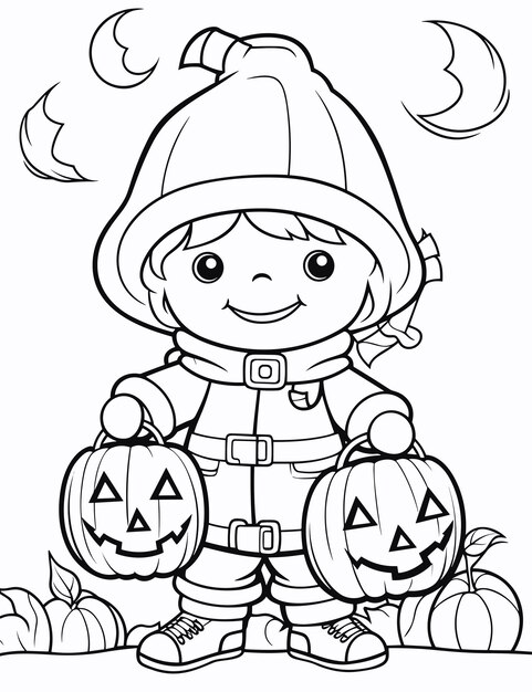 Child in Costume Holding Pumpkins Halloween Coloring Page | Jiffy Designs