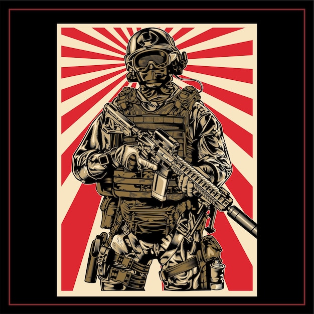 Heroic Soldier Wielding Assault Rifle Amid Patriotic Rays | Jiffy Designs