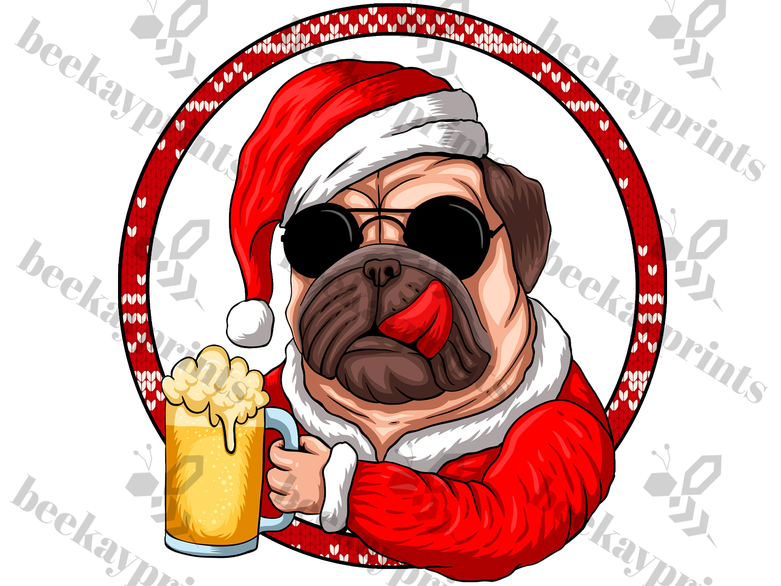 Cool Santa Pug with Beer Mug Encircled by Festive Border | Jiffy Designs
