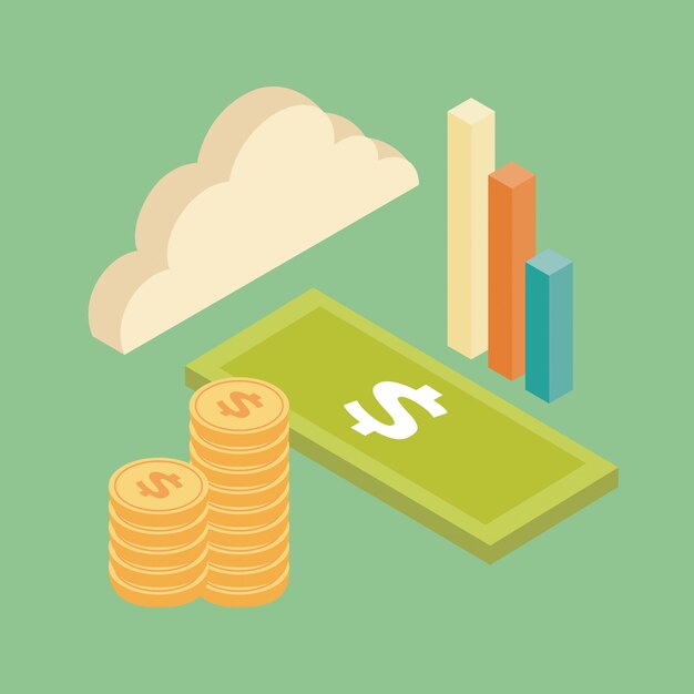 Isometric Financial Illustration with Coins, Book and Bar Graph | Jiffy ...