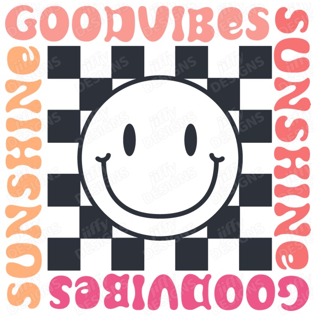 'Good Vibes' Retro Smiley Face on Checkered Background | Jiffy Designs