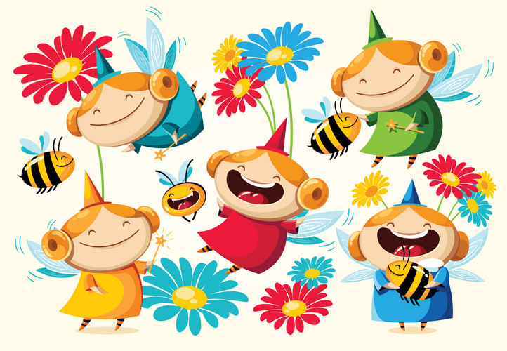 Set Of Isolated Funny Cartoon Colorful Fairies, Flowers And Funny Bee ...