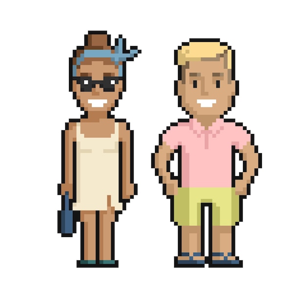 Retro Pixel Art Duo: Casual Friends in Vibrant Attire | Jiffy Designs