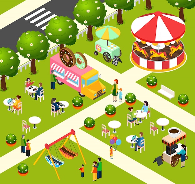 Vibrant Isometric Carnival Scene with Rides and Attractions | Jiffy Designs