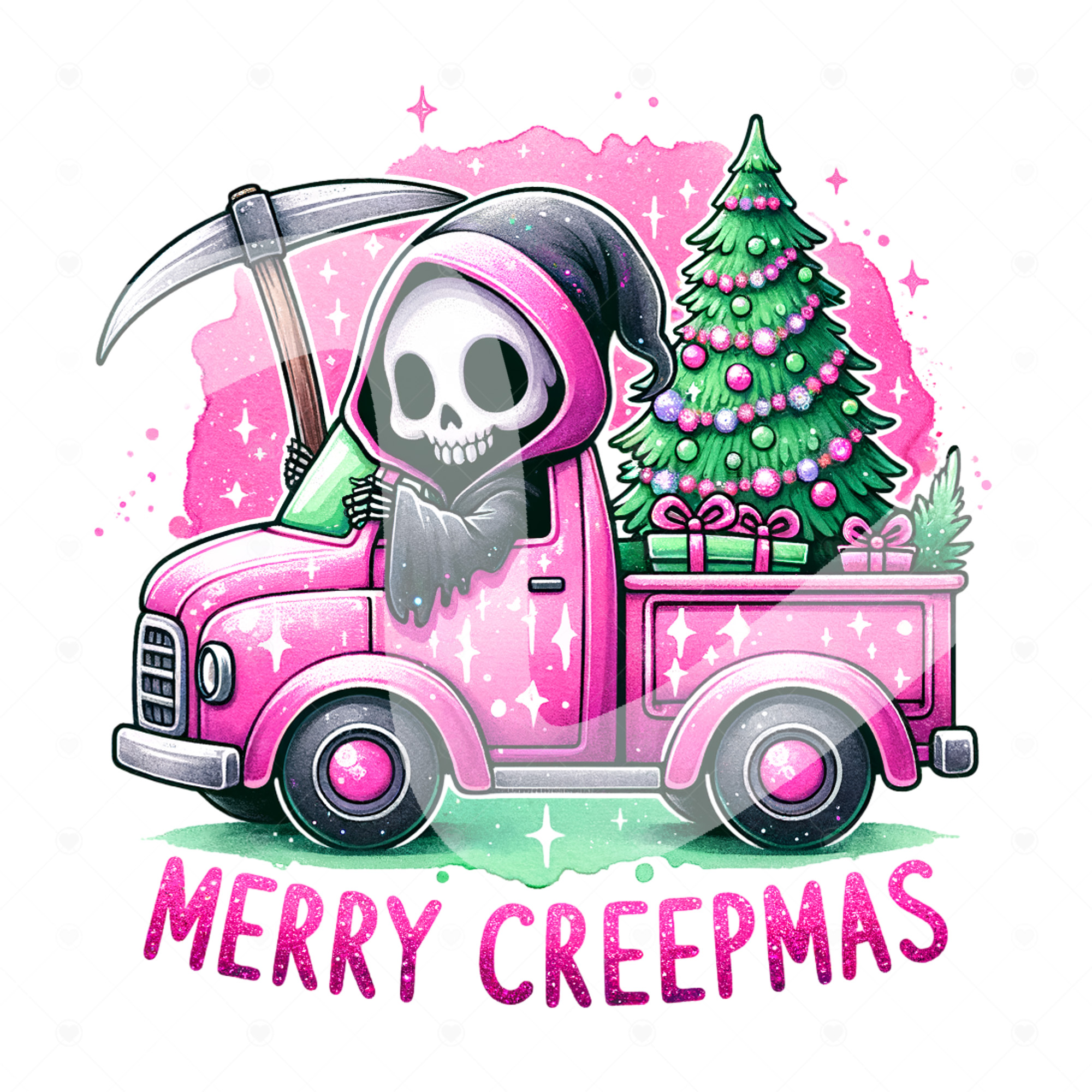 'Merry Creepmas' Adorable Grim Reaper Driving Pink Truck with Christmas ...
