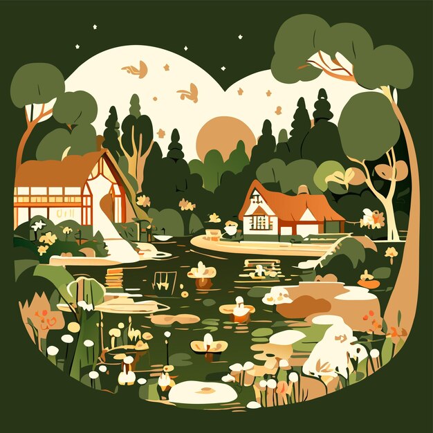 Serene Countryside Landscape with Pond and Cottages | Jiffy Designs