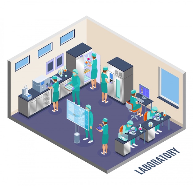 Vibrant Isometric Laboratory Scene with Scientists at Work | Jiffy Designs