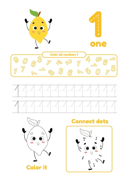 Cheerful Lemon Number One Worksheet for Children | Jiffy Designs