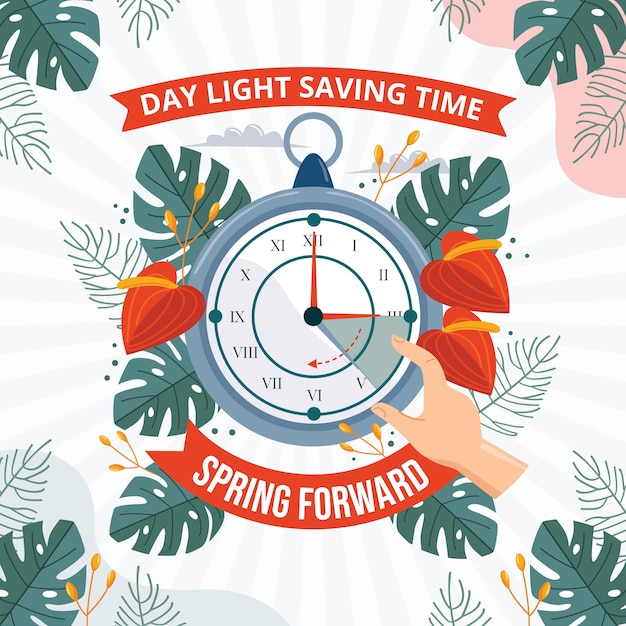 Daylight Saving Time Illustration with Clock and Tropical Leaves ...