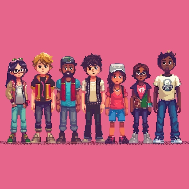 Vibrant Pixel Art Characters in Diverse Streetwear Styles | Jiffy Designs
