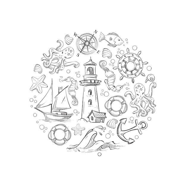 Nautical Themed Sketchy Illustration with Lighthouse, Anchor and Sea ...