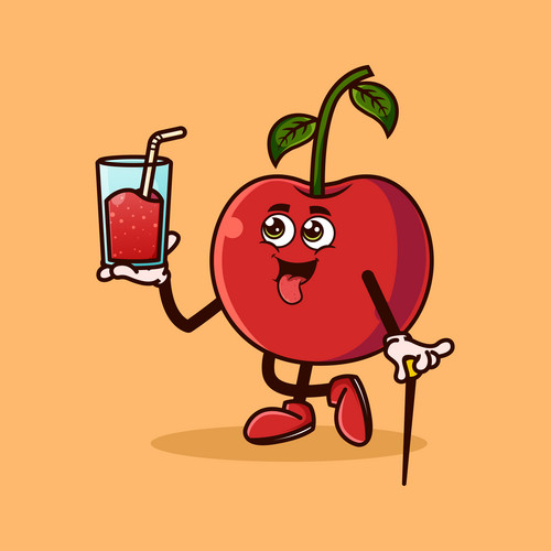 Cute Cherry Fruit Character With Cherry Juice On Hand. Fruit Character ...