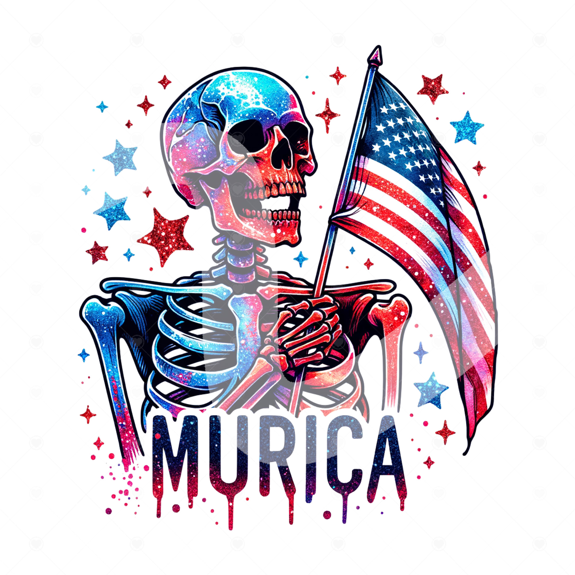 'Murica' Vibrant Skeleton Holding American Flag with Stars and Sparkles ...