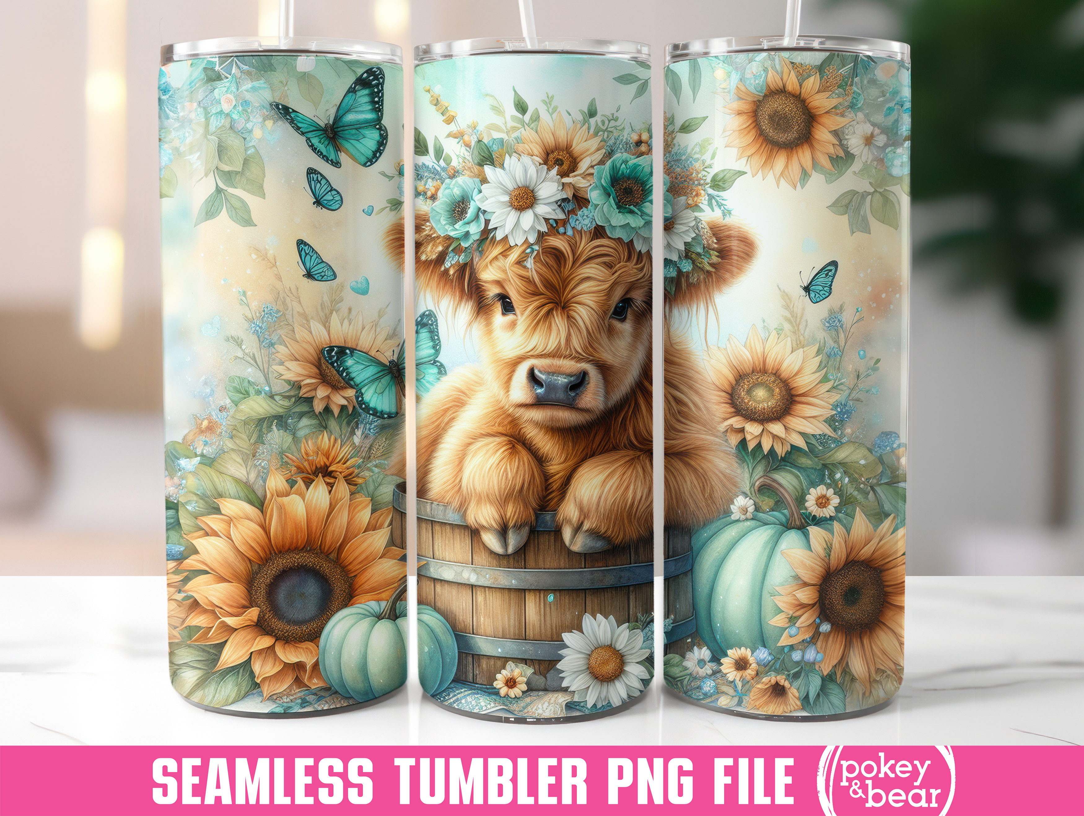Highland Calf Amidst Floral Splendor Adorned with Butterflies and ...
