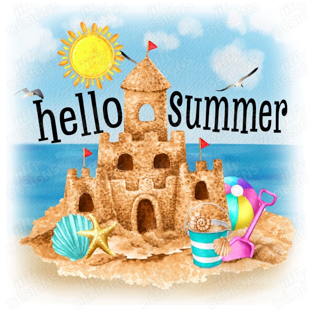 'Hello Summer' Whimsical Beach Scene with Sandcastle and Sun | Jiffy ...