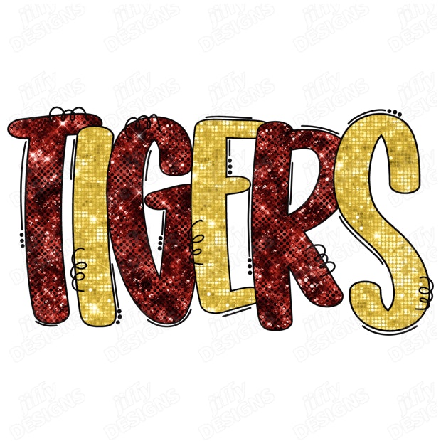 'Tigers' Sparkling Mosaic Text in Bold Red and Gold Hues | Jiffy Designs