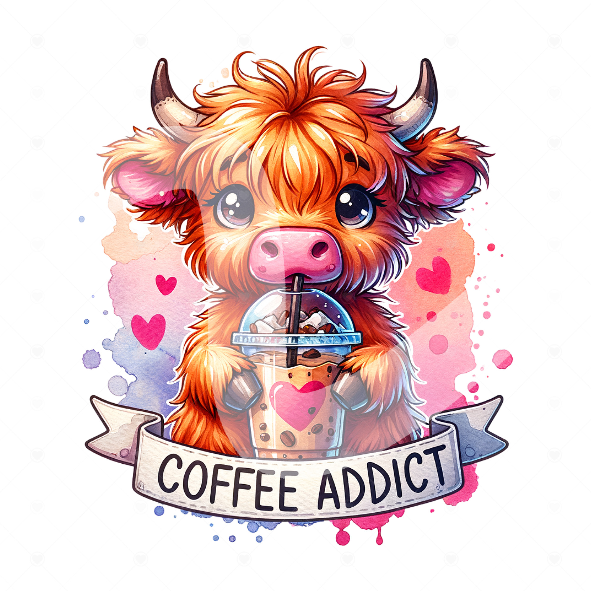 'Coffee Addict' Highland Cow Sipping Bubble Tea with Adorable ...