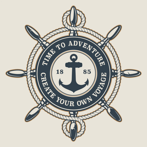 Badge With Ship'S Wheel And Anchor And Rope On A Light Background. The ...