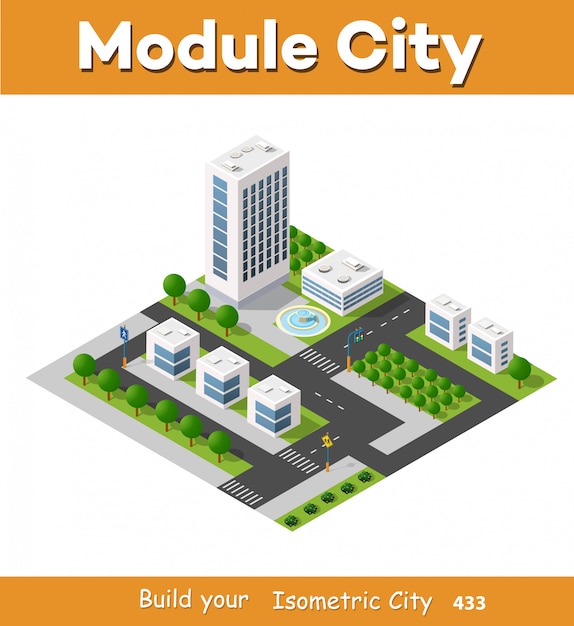Isometric Module City Illustration with Buildings and Roads | Jiffy Designs