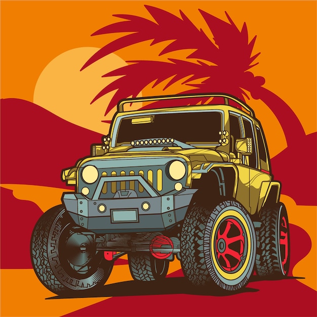 Rugged Off-Road Vehicle with Fiery Palm Tree Backdrop | Jiffy Designs
