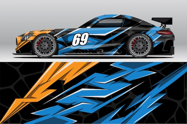 Sleek Blue and Orange Racing Car with Bold Graphic Design | Jiffy Designs