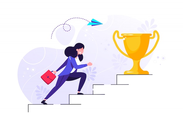 Ambitious Businessman Climbing Stairs Towards Golden Trophy | Jiffy Designs