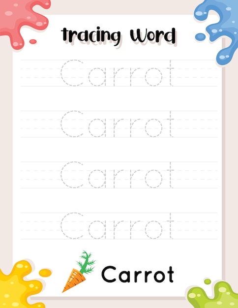 Colorful Tracing Worksheet for the Word 'Carrot' | Jiffy Designs