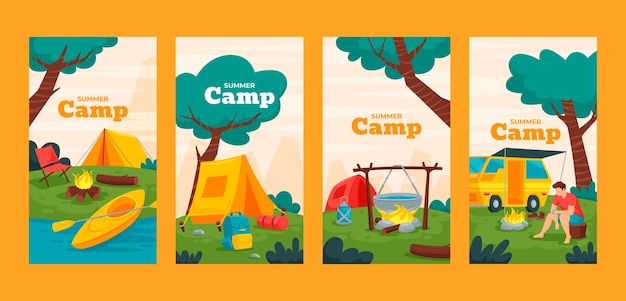 Vibrant Summer Camp Scenes with Tents, Kayaks, and Outdoor Activities ...