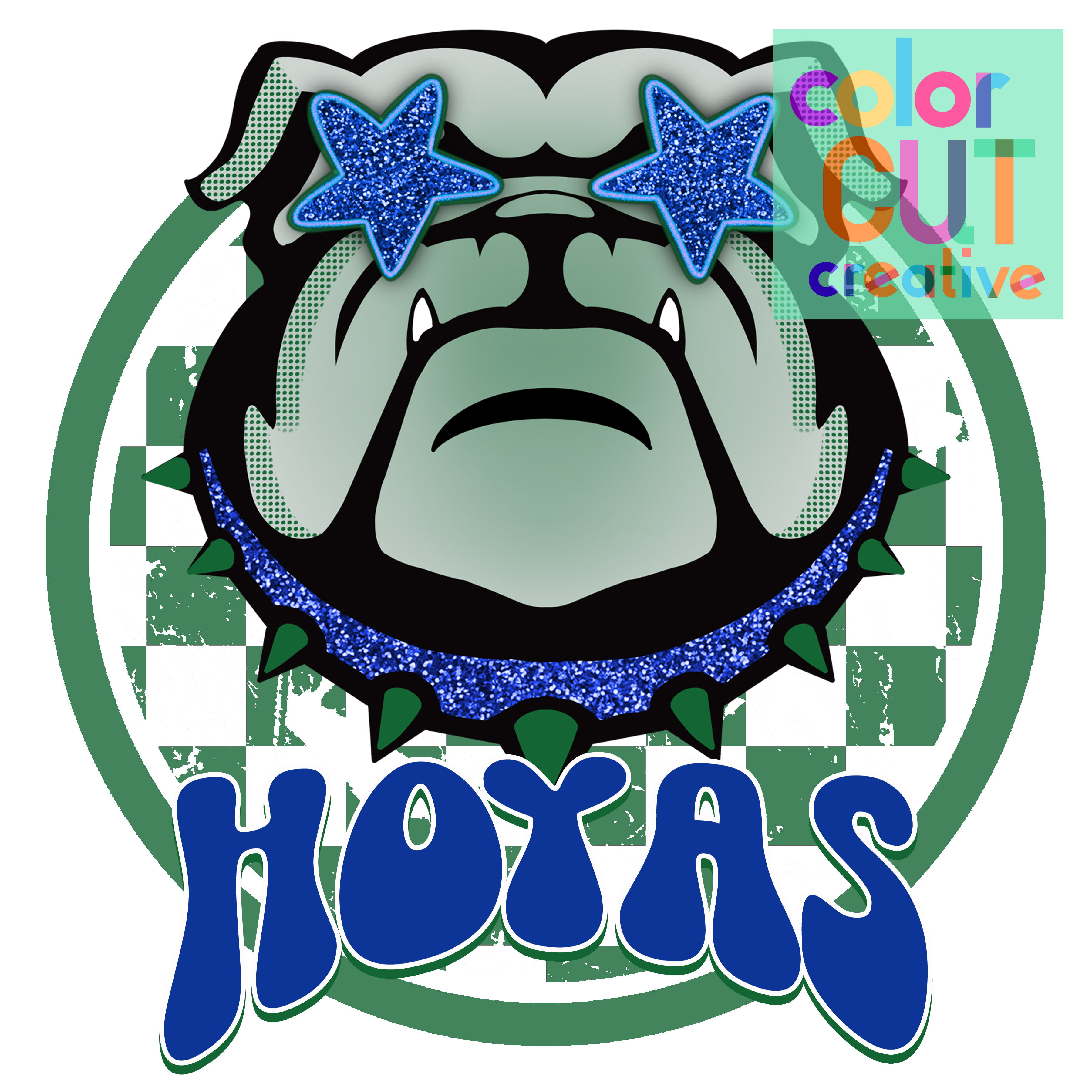 'Hoyas' Fierce Bulldog Face with Starry Eyes and Checkered Background ...