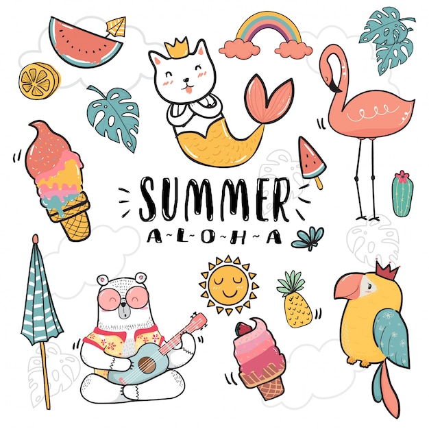 Vibrant Summer-Themed Illustration Collection with Diverse Elements ...