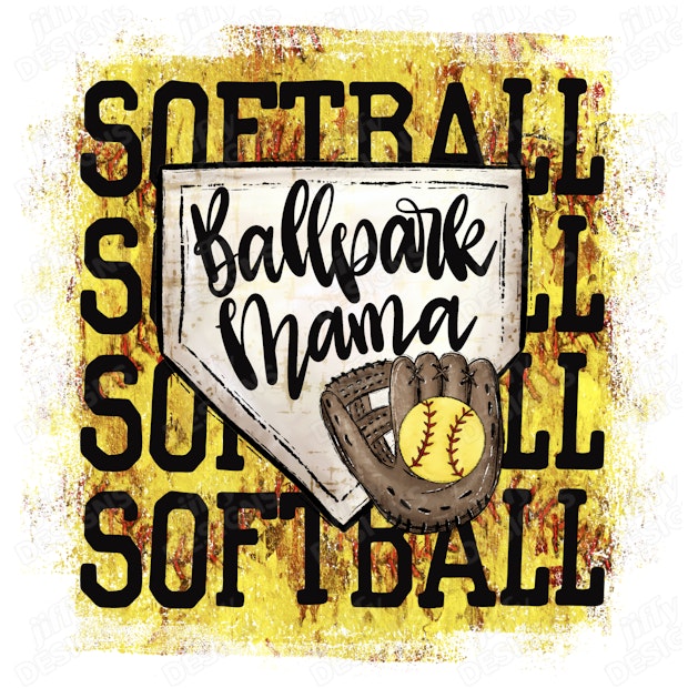 'Ballpark Mama' Surrounded by Softball Text in Vibrant Yellow and Black ...
