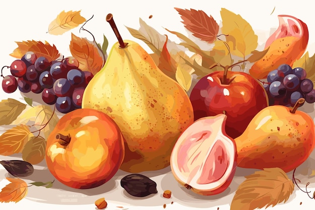 Vibrant Autumn Harvest: Apples, Pears, and Grapes Amid Falling Leaves ...