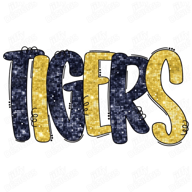 'Tigers' Sparkling Mosaic Typography with Alternating Navy and Gold ...
