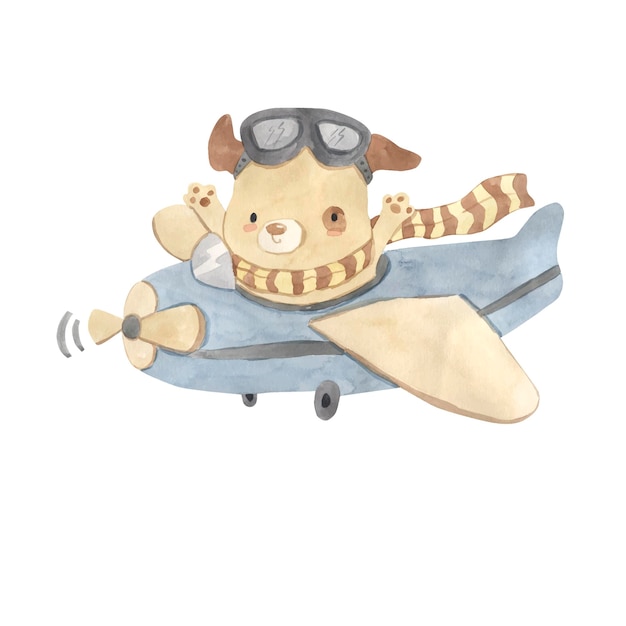 Cute Cartoon Dog Pilot Flying a Blue Airplane | Jiffy Designs